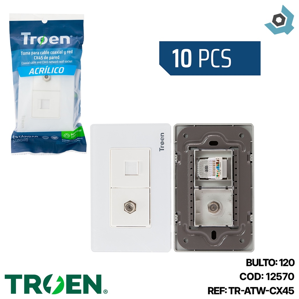 TOMA PARA CABLE COAXIAL Y RED RJ45 ACRILICO BLANCO TROEN | Litani ...